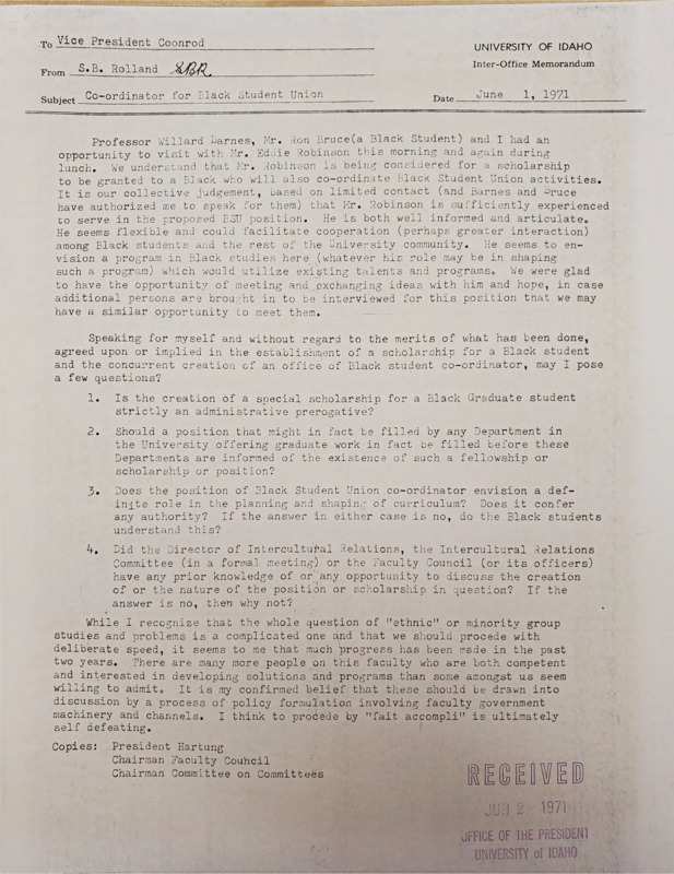 Memorandum regarding co-ordinator for Black Student Union from S.B ...
