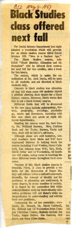 Newspaper article, "Black Studies class offered next fall" | Black ...