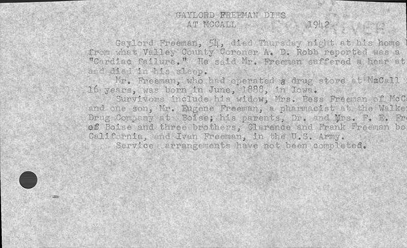 Bess Freeman Folder | McCall Public Library Collection